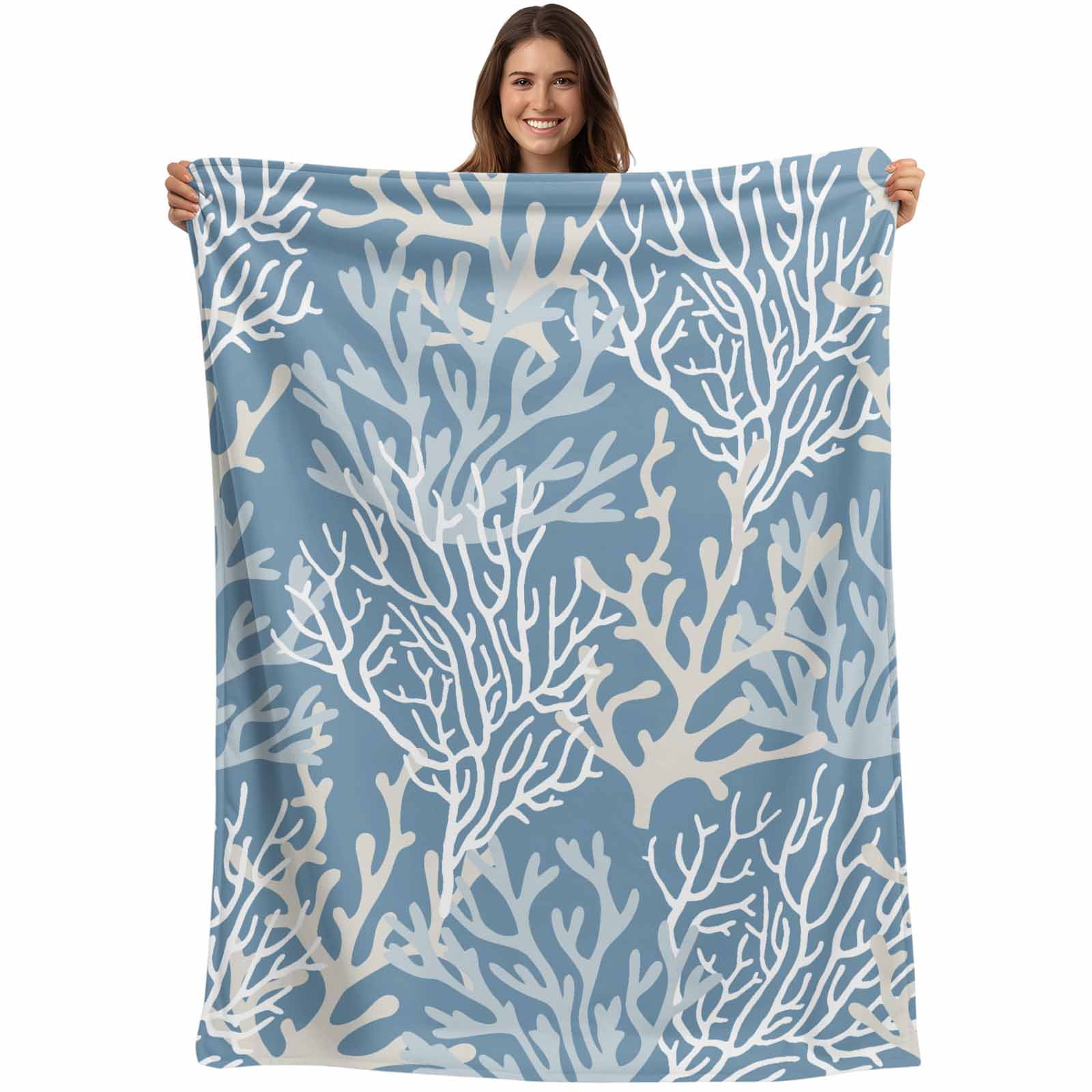 Blue Coral Coastal Flannel Throw Blanket for Couch, Lightweight Fleece ...
