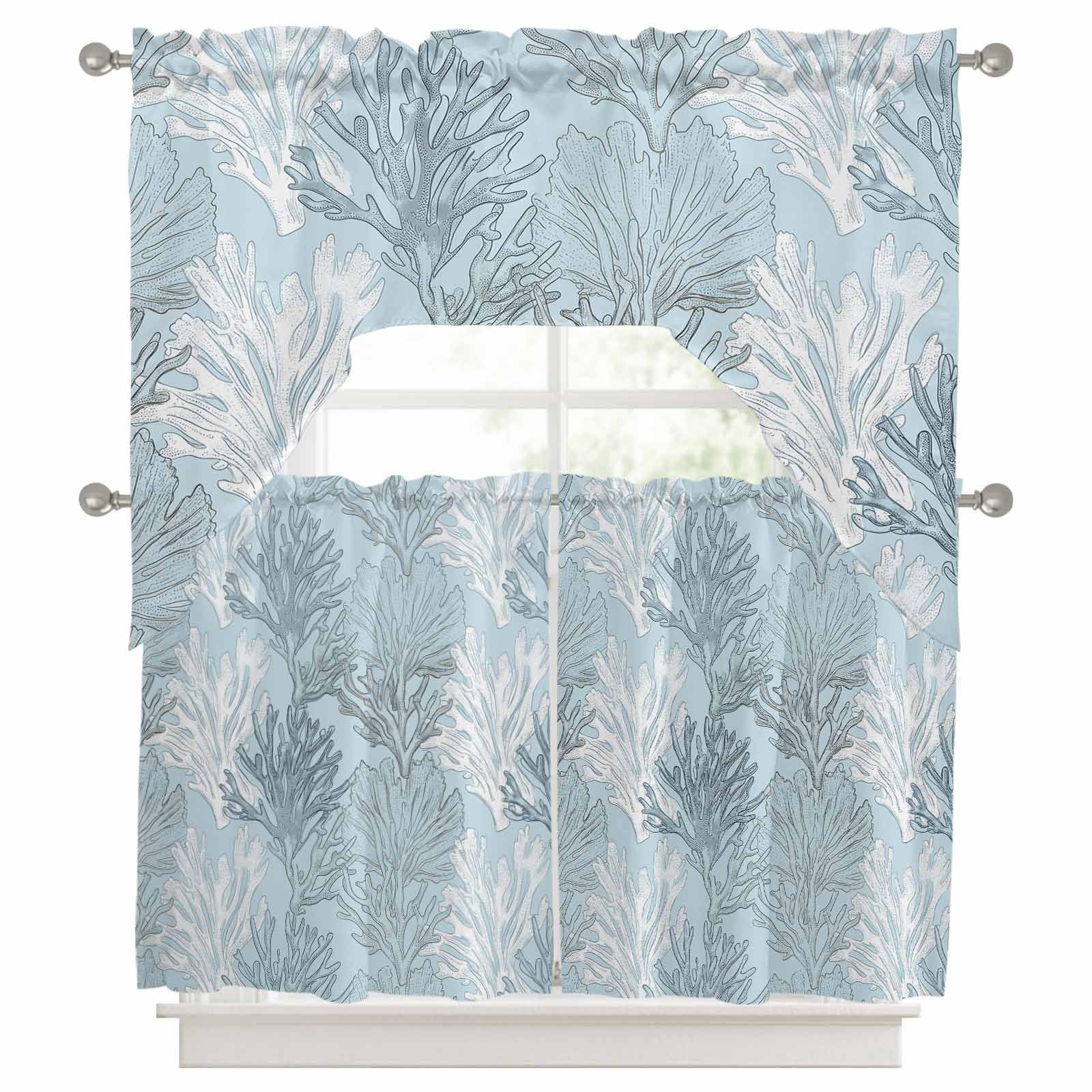 Blue Coral Coastal Kitchen Curtains Swag Valance and Tier Curtains Set ...