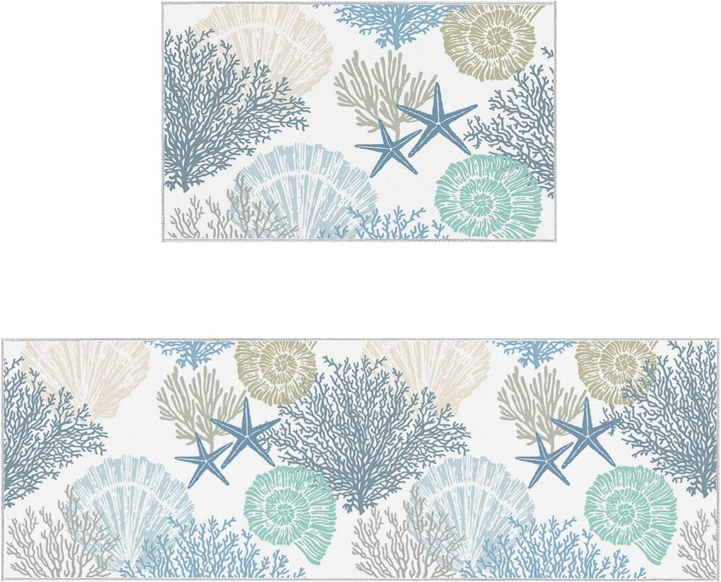 Blue Coral Coastal Kitchen Rugs Set 2 Pieces, Nautical Summer Beach ...