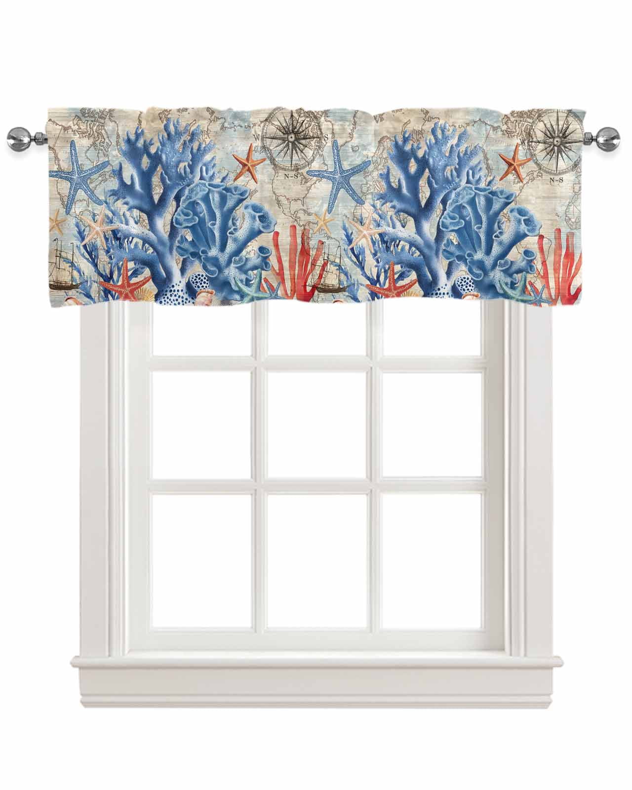 Blue Coral Coastal Kitchen Valances for Windows Farmhouse Linen Window ...