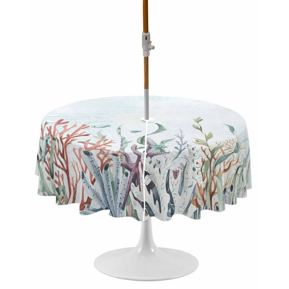 Blue Coral Coastal Round Outdoor Tablecloth, Waterproof Table Cloth ...