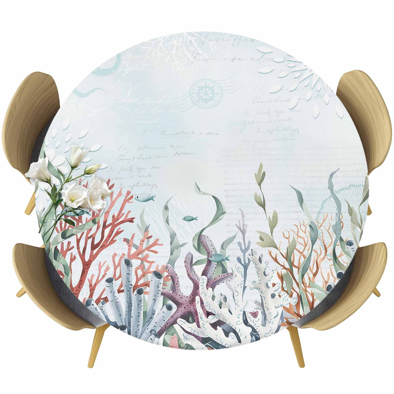 Blue Coral Coastal Round Tablecloth, Fitted Table Cover with Elastic ...