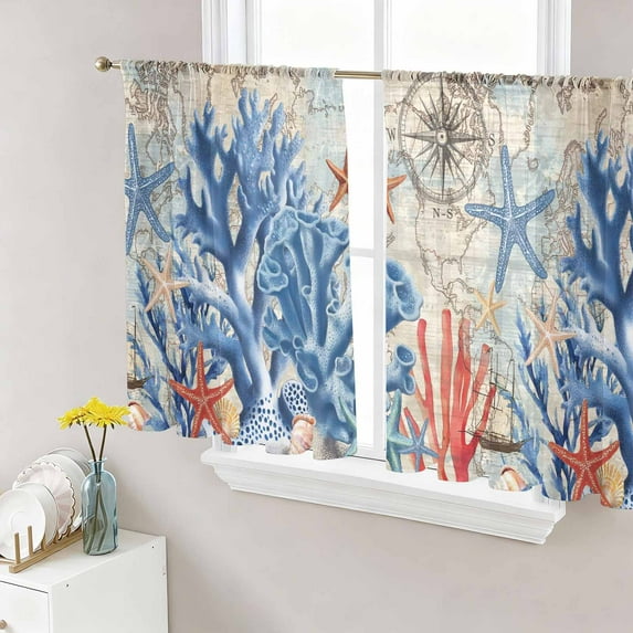 Blue Coral Coastal Semi Sheer Curtains 54 Inch Length 2 Panels Set ...