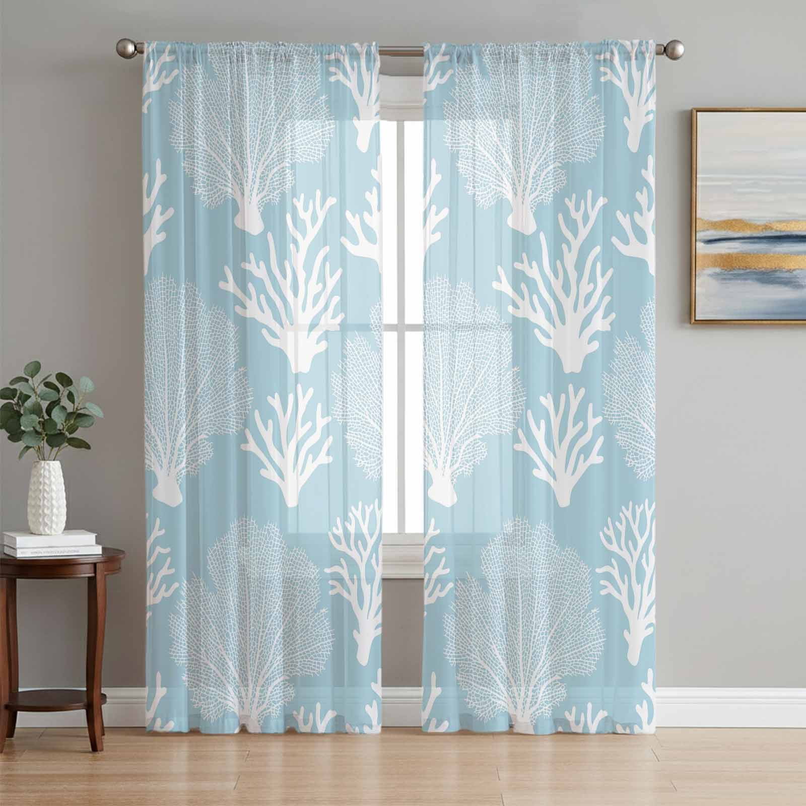 Blue Coral Coastal Sheer Curtains 63 Inch Length 2 Panels Set, Summer ...