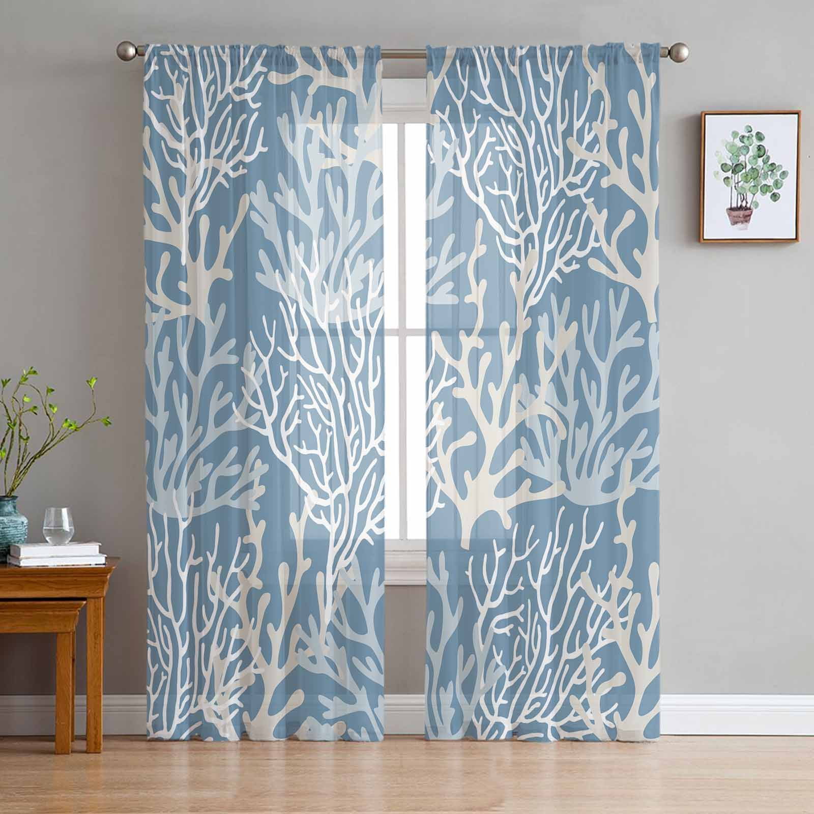 Blue Coral Coastal Sheer Curtains 84 Inch Length 2 Panels Set for ...