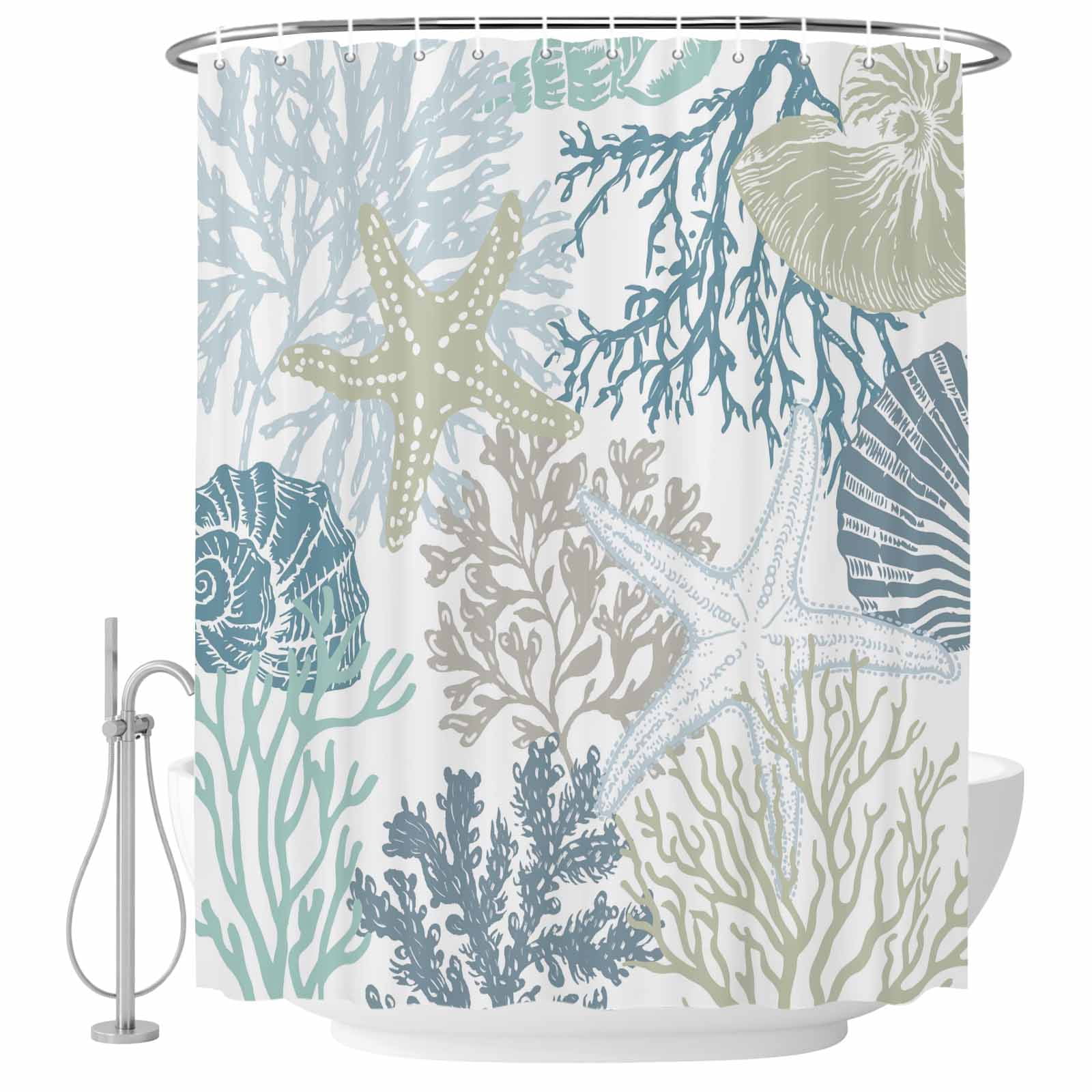 Blue Coral Coastal Shower Curtain Set - Standard 72" x 72" Washable ...