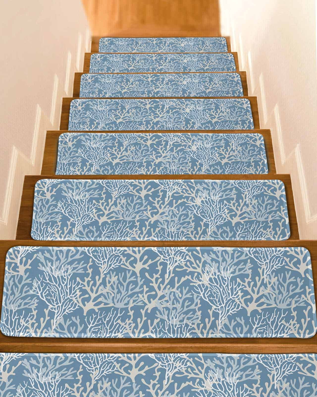 Blue Coral Coastal Stair Treads for Wooden Steps Indoor Runner Rug ...