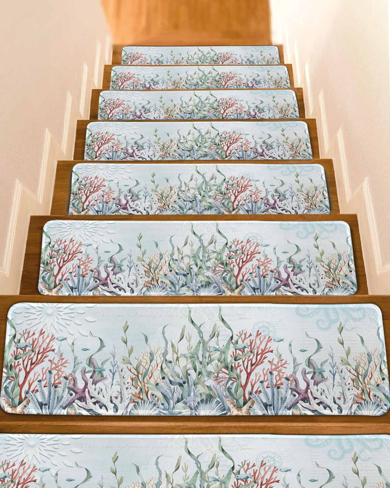Blue Coral Coastal Stair Treads for Wooden Steps Indoor Runner Rug ...