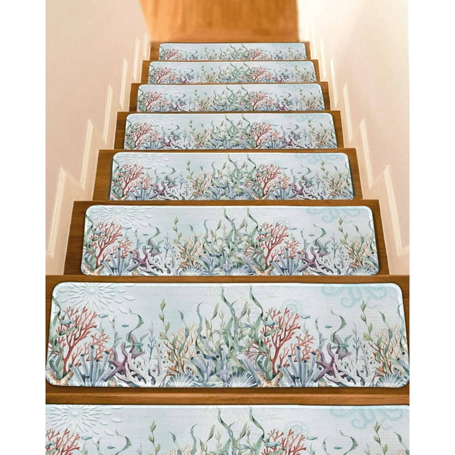 Blue Coral Coastal Stair Treads for Wooden Steps Indoor Runner Rug ...