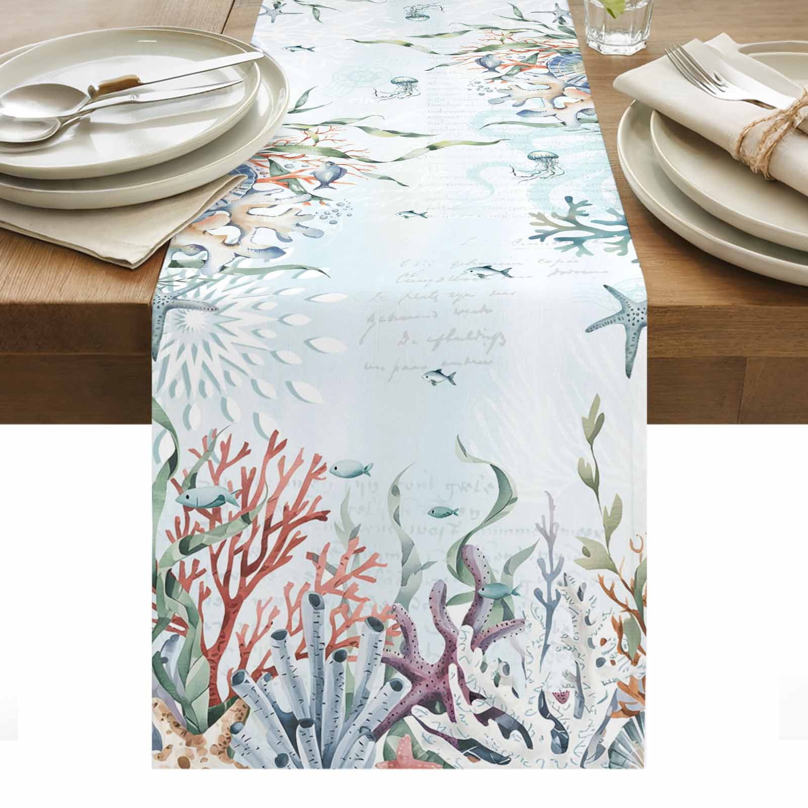 Blue Coral Coastal Table Runner - 72 Inch Long, Kitchen Dining Table ...