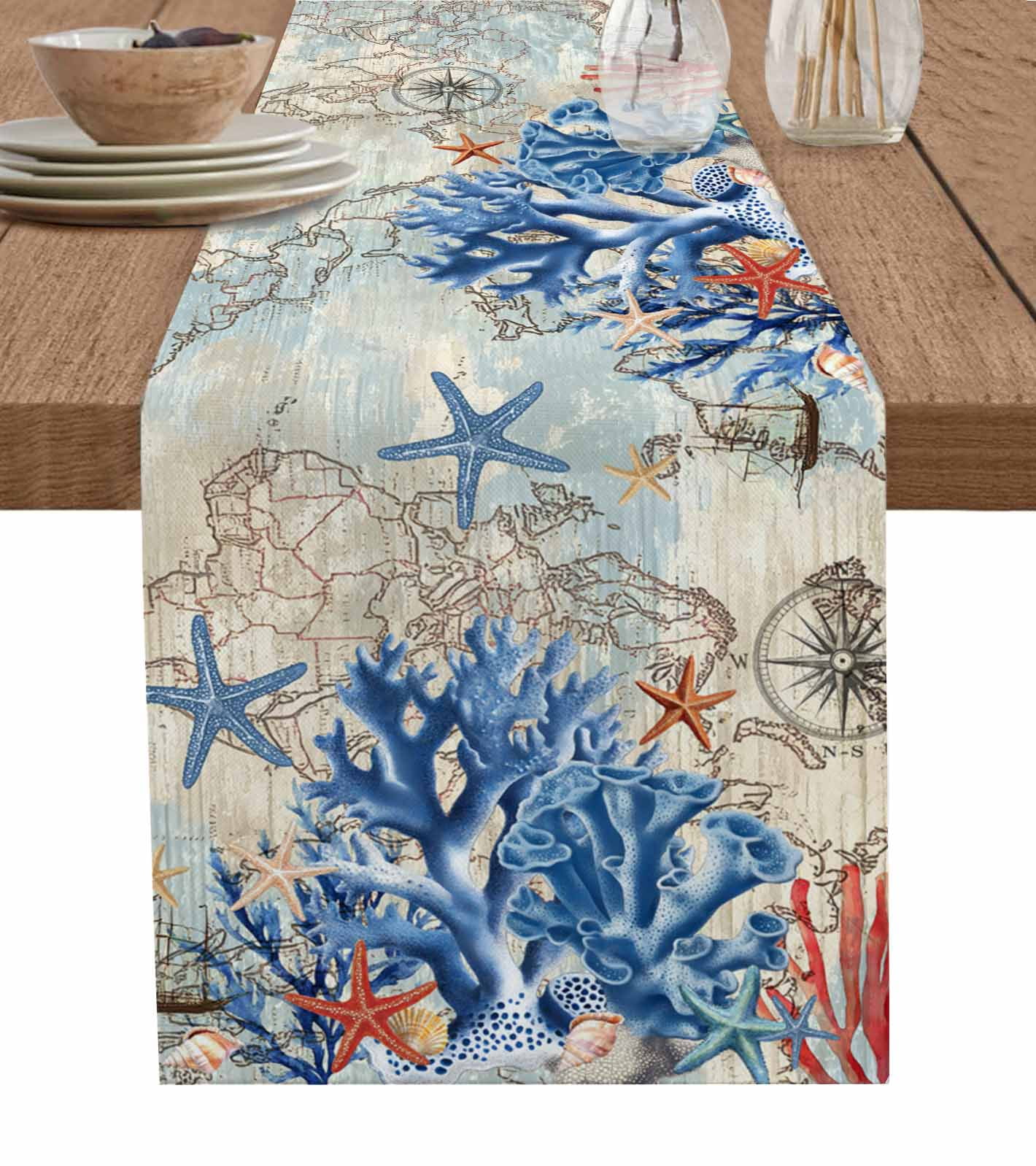 Blue Coral Coastal Table Runner - 90 Inch Long, Kitchen Dining Table ...