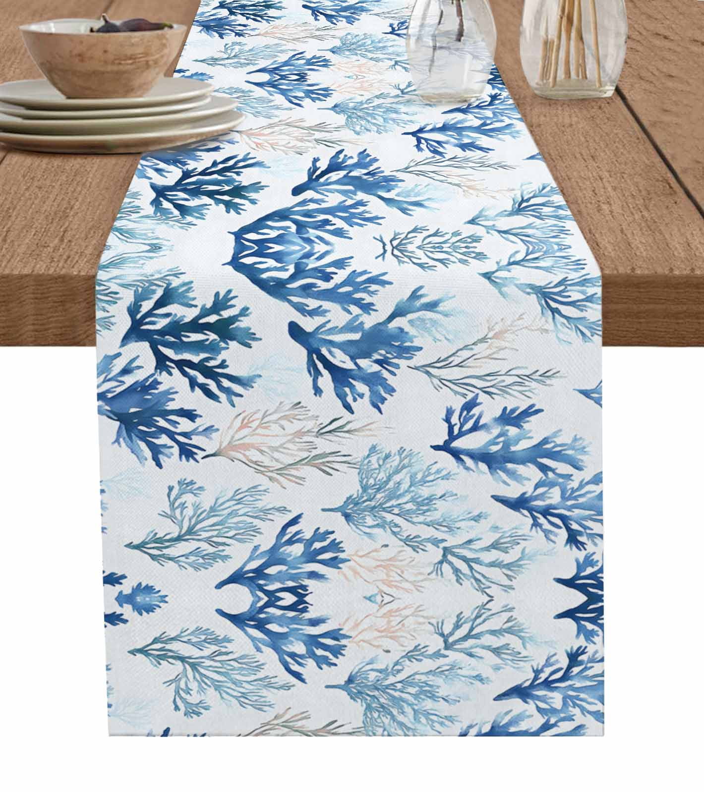Blue Coral Coastal Table Runner 90 Inches, Summer Watercolor Ocean Bed ...