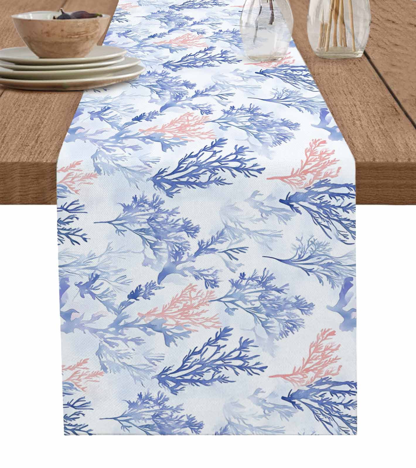 Blue Coral Coastal Table Runner Cotton Linen 72 Inch Holiday Dresser ...
