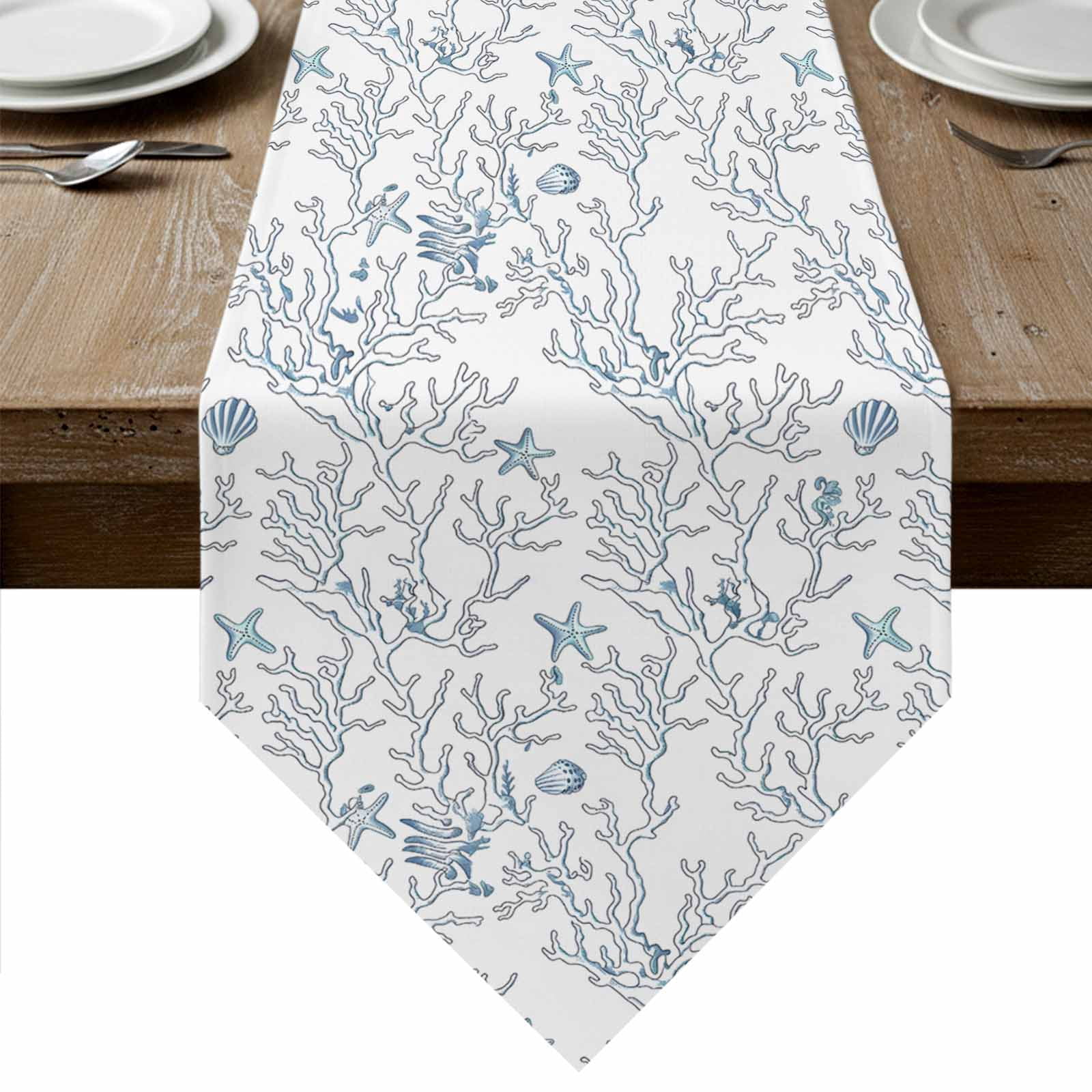 Blue Coral Coastal Table Runner Linen Burlap Table Runner 60 Inches ...