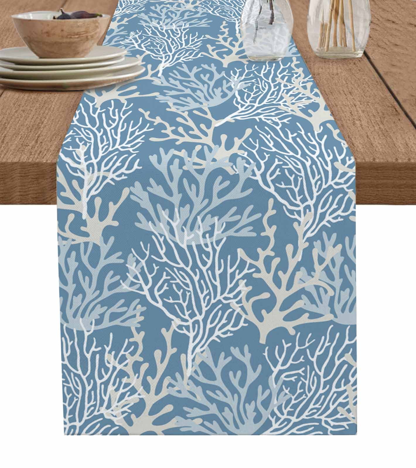 Blue Coral Coastal Table Runner Ocean Nautical Seaside Beach Tablerunners 16 x 72 Inch, Table ...