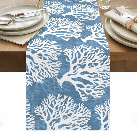 Blue Coral Coastal Table Runner White Summer Beach Seaside Ocean ...
