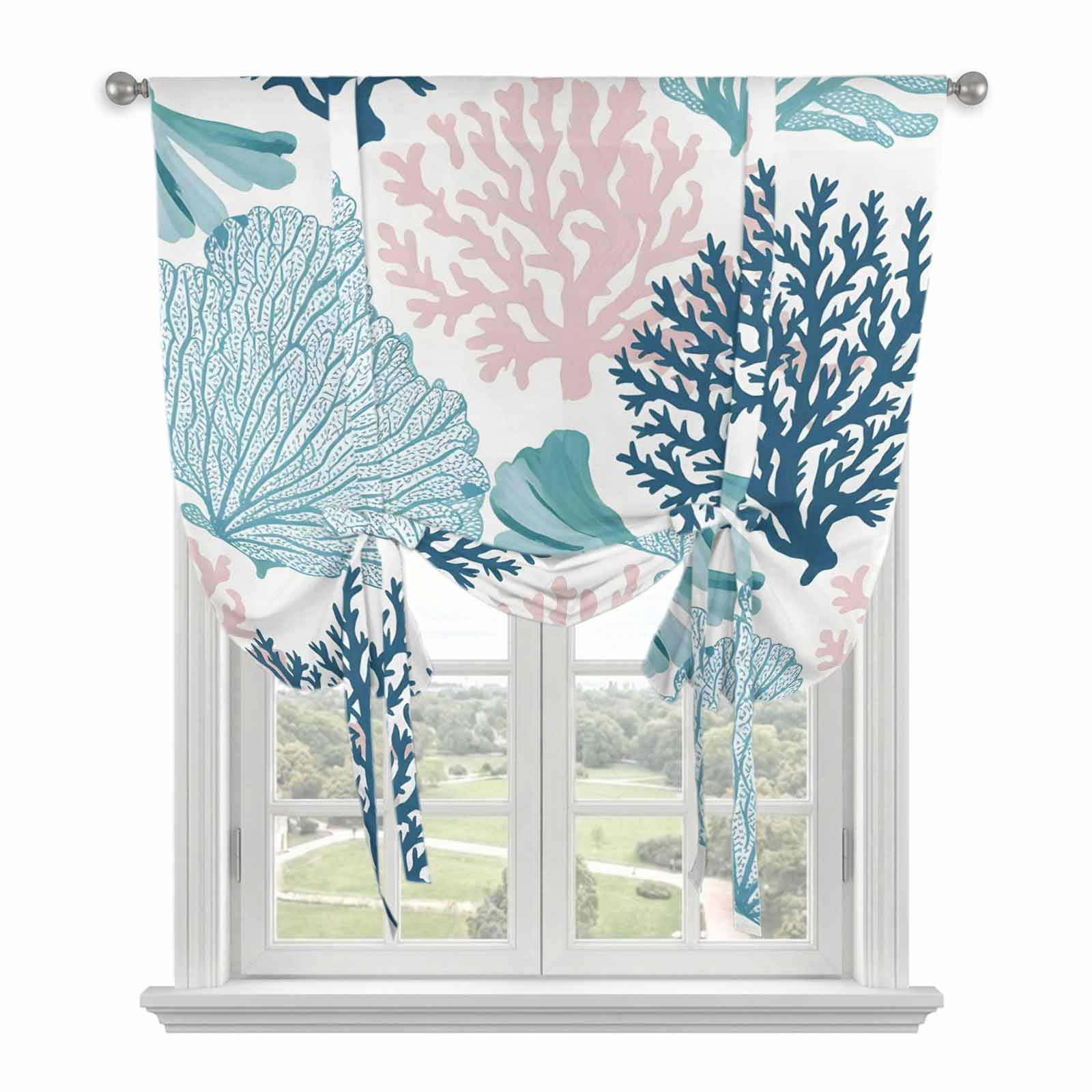 Blue Coral Coastal Tie Up Curtains for Window, Thermal Insulated ...