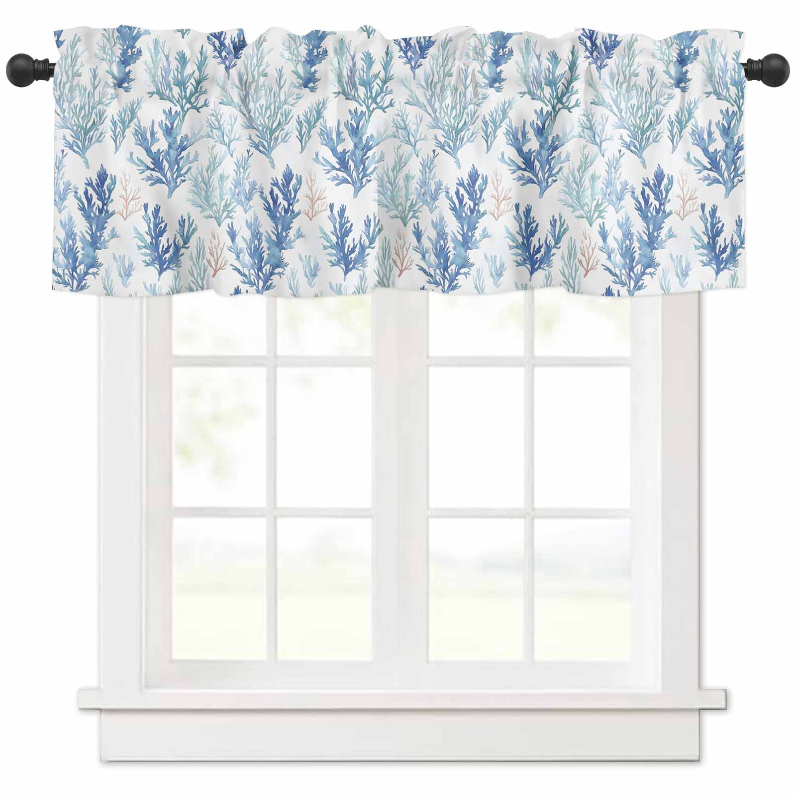 Blue Coral Coastal Valances for Windows Farmhouse Kitchen Curtains ...