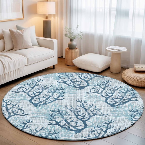 Blue Coral Coastal Washable Round Area Rug 8 ft, Summer Beach Nautical ...