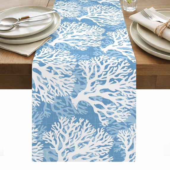 Blue Coral Cotton Linen Table Runner Coastal Ocean Beach Summer ...