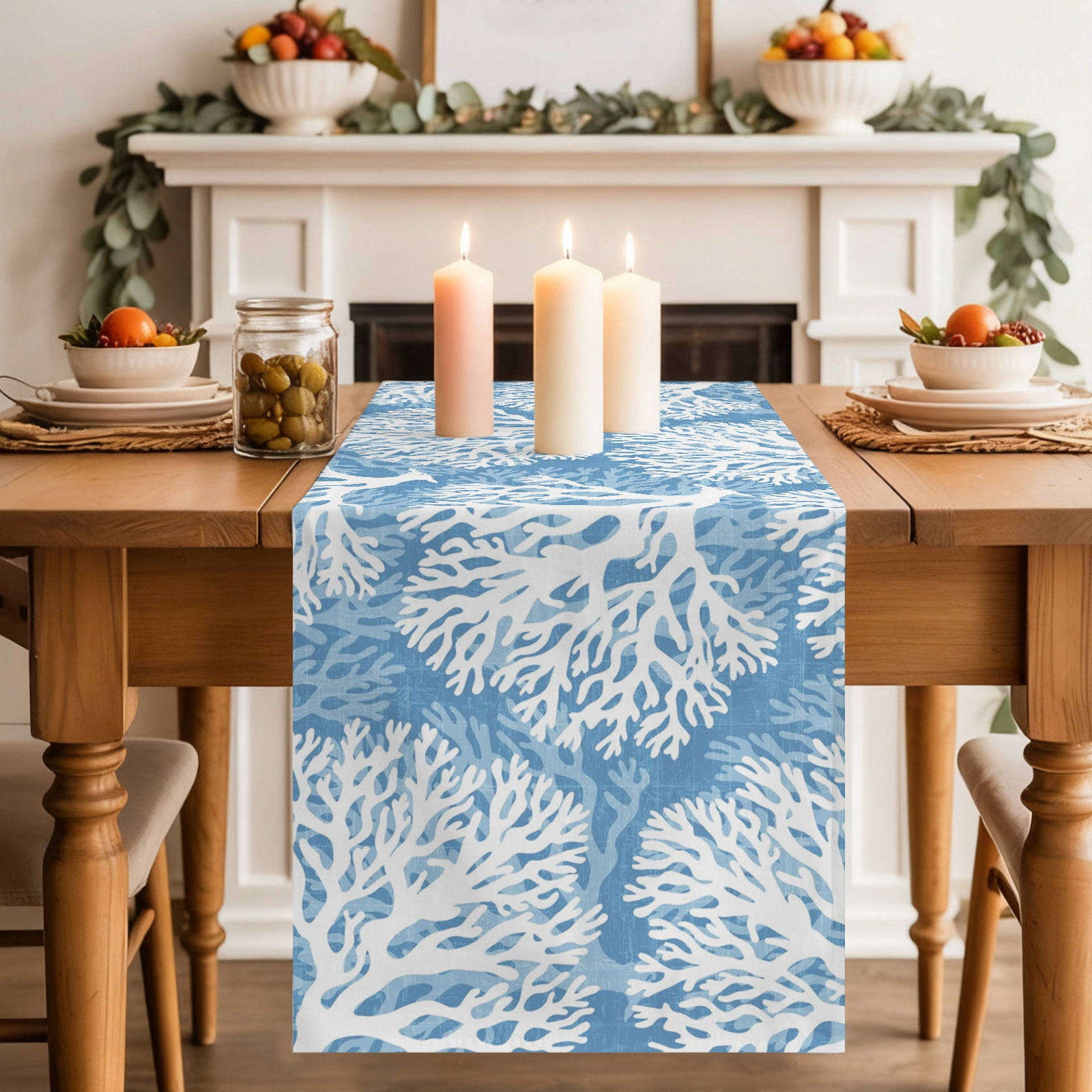 Blue Coral Dining Table Runner, Coastal Ocean Beach Summer Nautical ...
