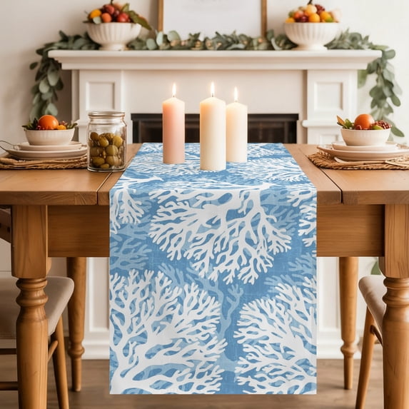 Blue Coral Dining Table Runner, Coastal Ocean Beach Summer Nautical ...