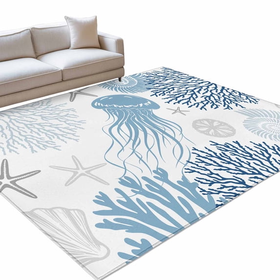 Blue Coral Jellyfish Area Rugs 3x5ft Starfish Seashell Floor Rug Non ...