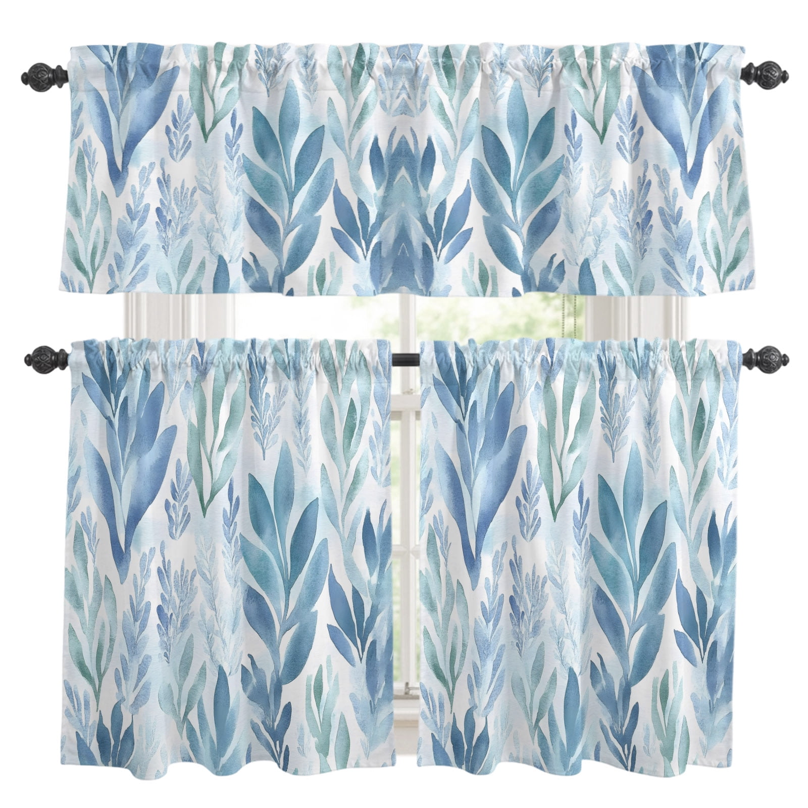 Blue Coral Kitchen Curtains Set for Windows, Vintage Watercolor ...