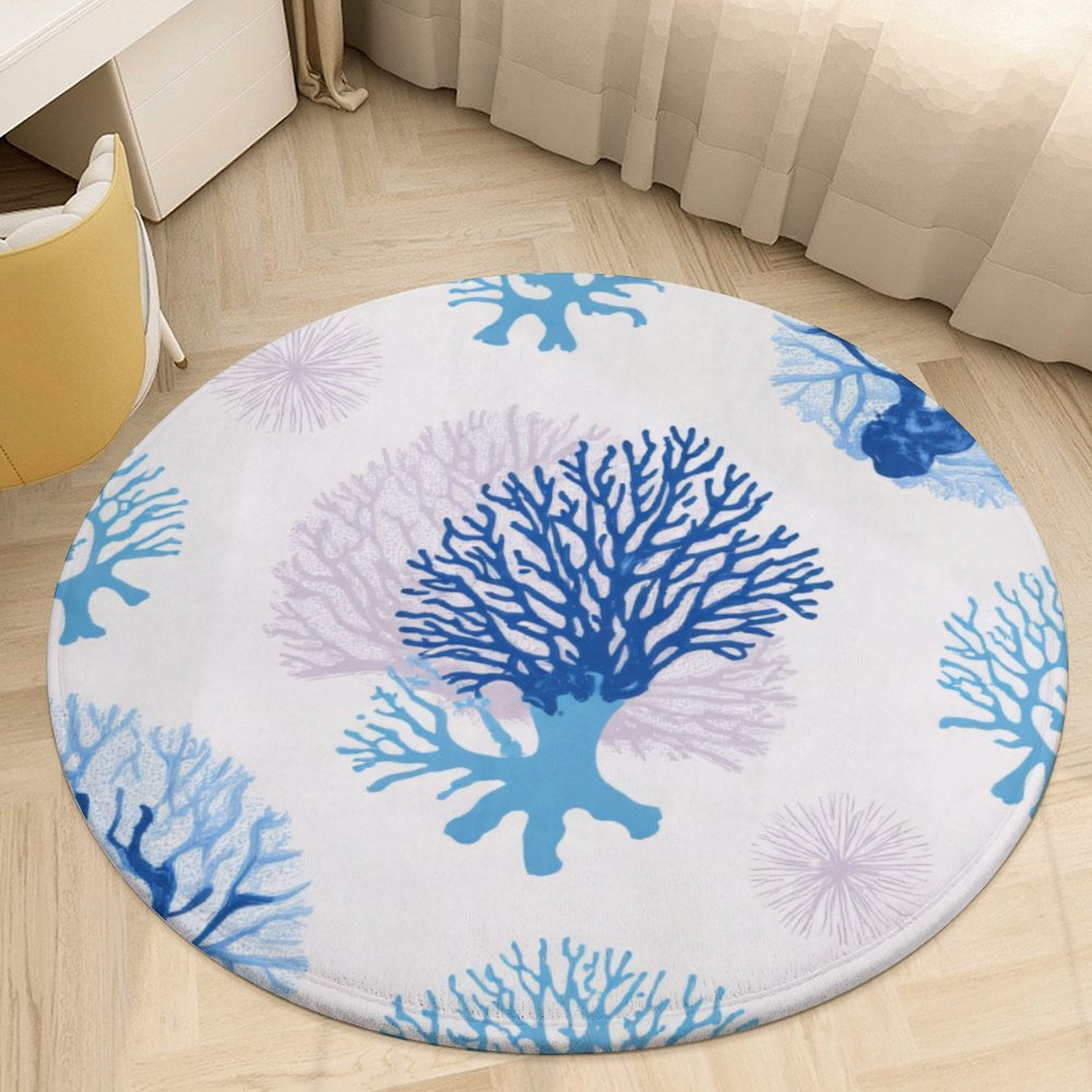 Blue Coral Pattern Round Area Rugs for Bedroom Living Room, 4FT Soft ...