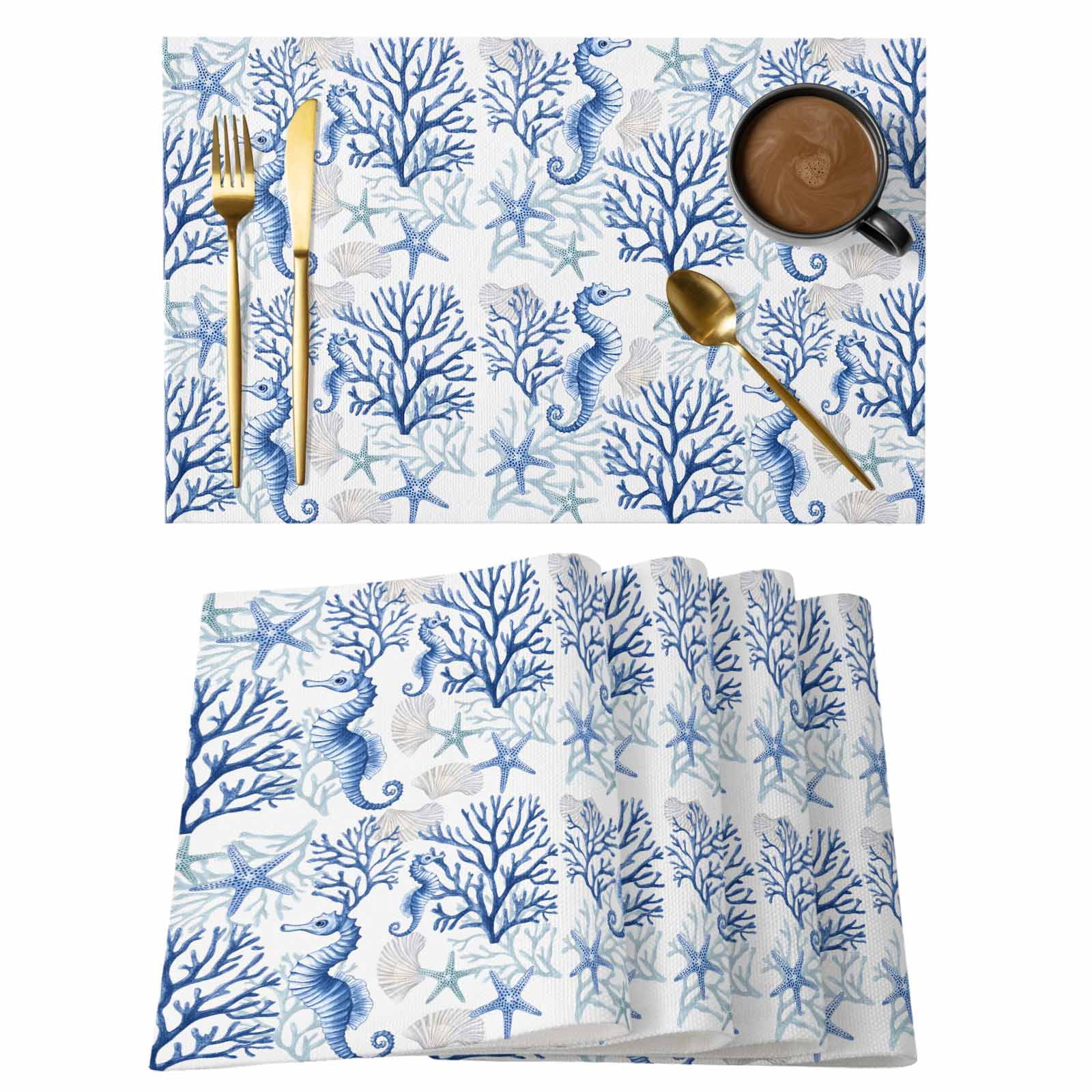 Blue Coral Placemats Set of 6 Coastal Ocean Seahorse Starfish Sea Place ...