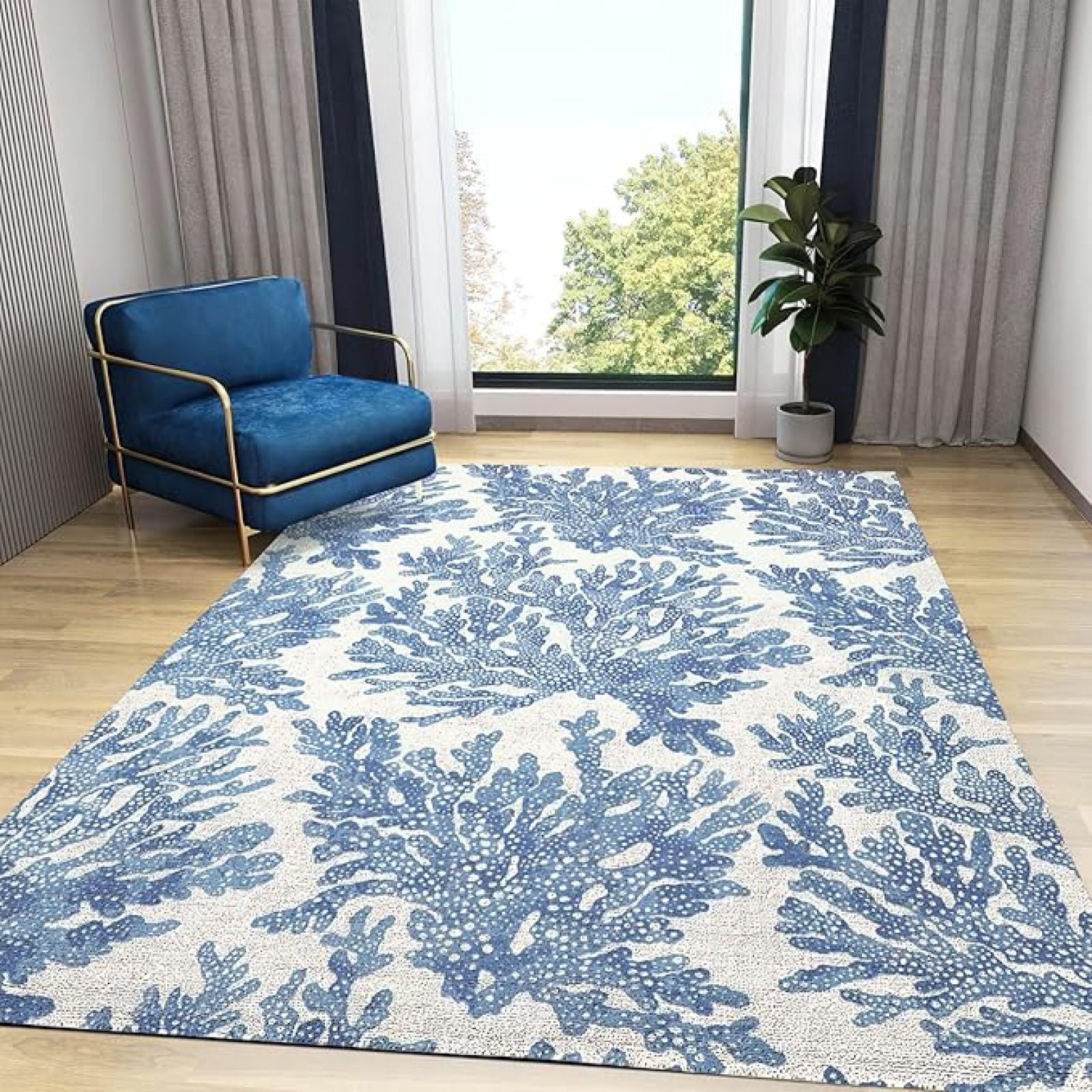 Blue Coral Reef Ocean Theme Area Rug, Non Slip Stain Resistant Print ...
