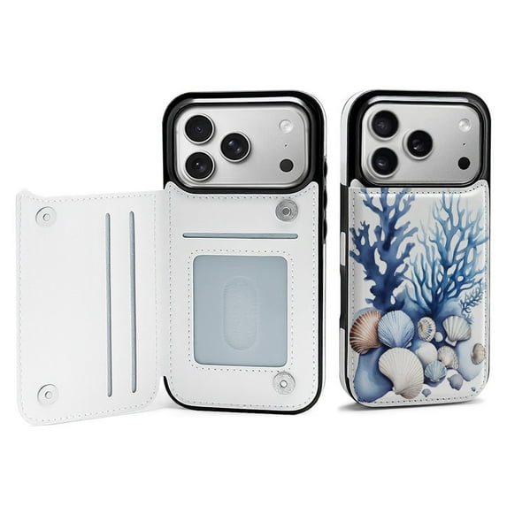 Blue Coral Seashell Print Leather Wallet Case for iPhone 16 Wallet Case ...