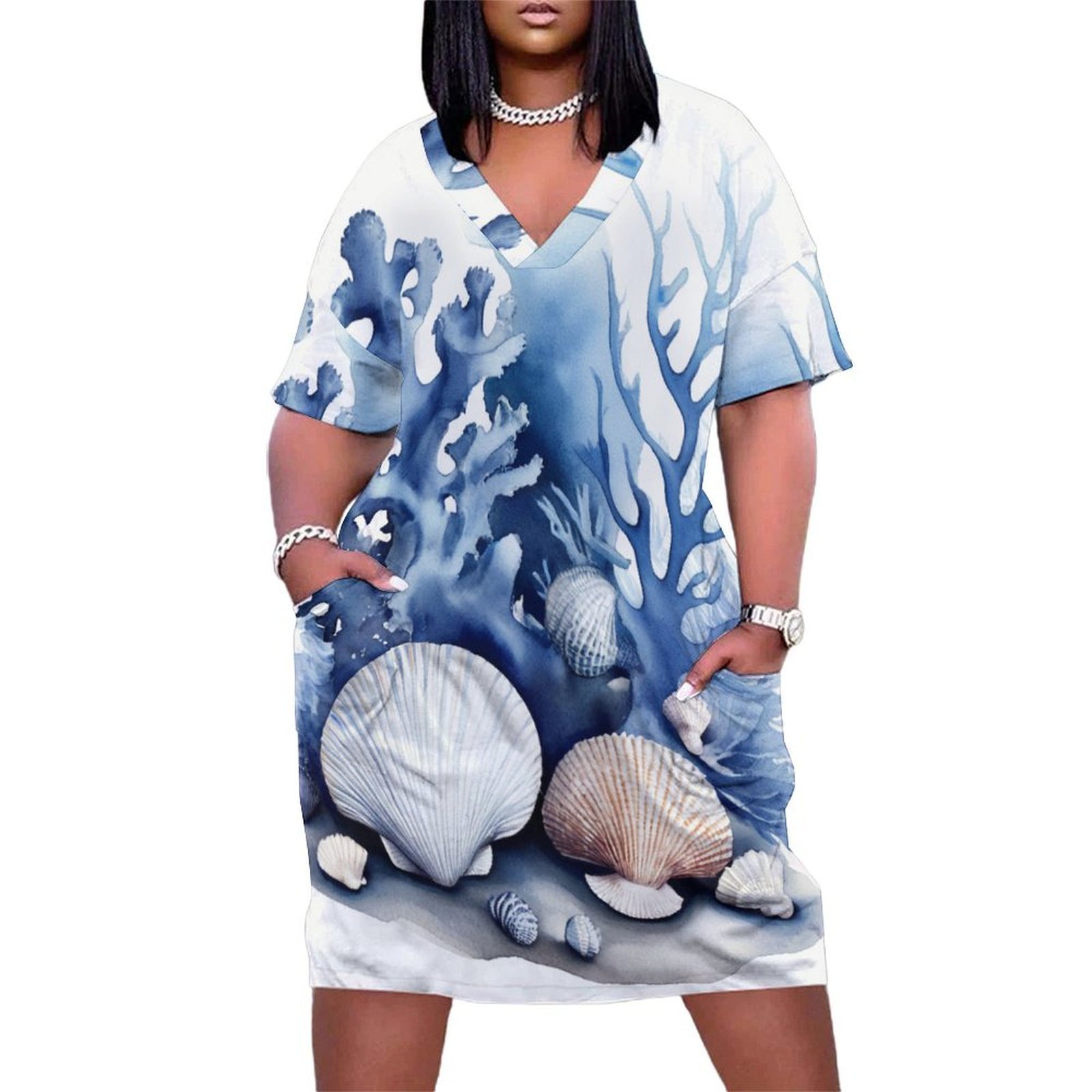Blue Coral Seashell Print Loose Pocket Dress Dresses Summer Summer ...
