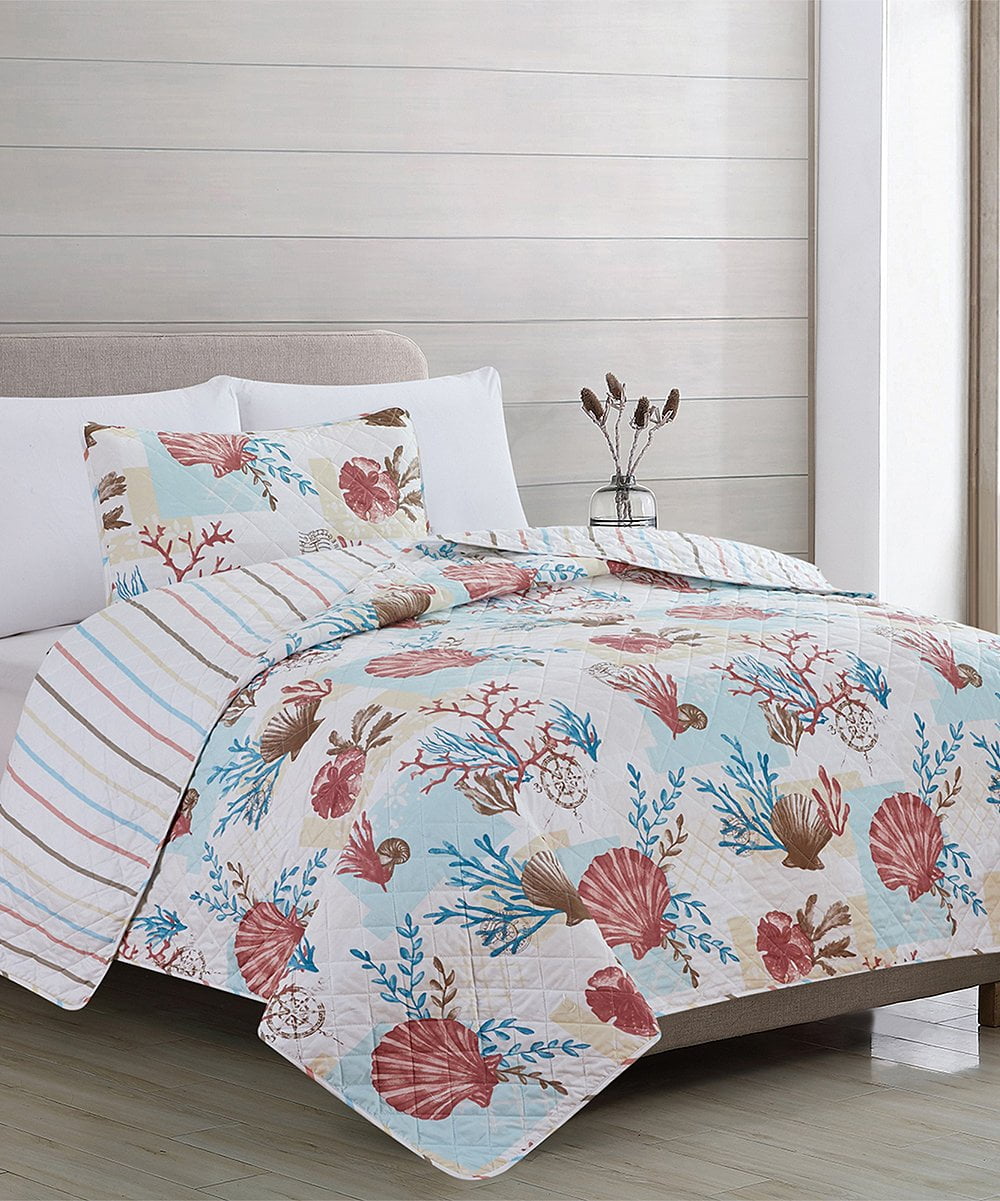 Blue & Coral Seashells, Starfish & Coral Nautical Beach House Coastal ...