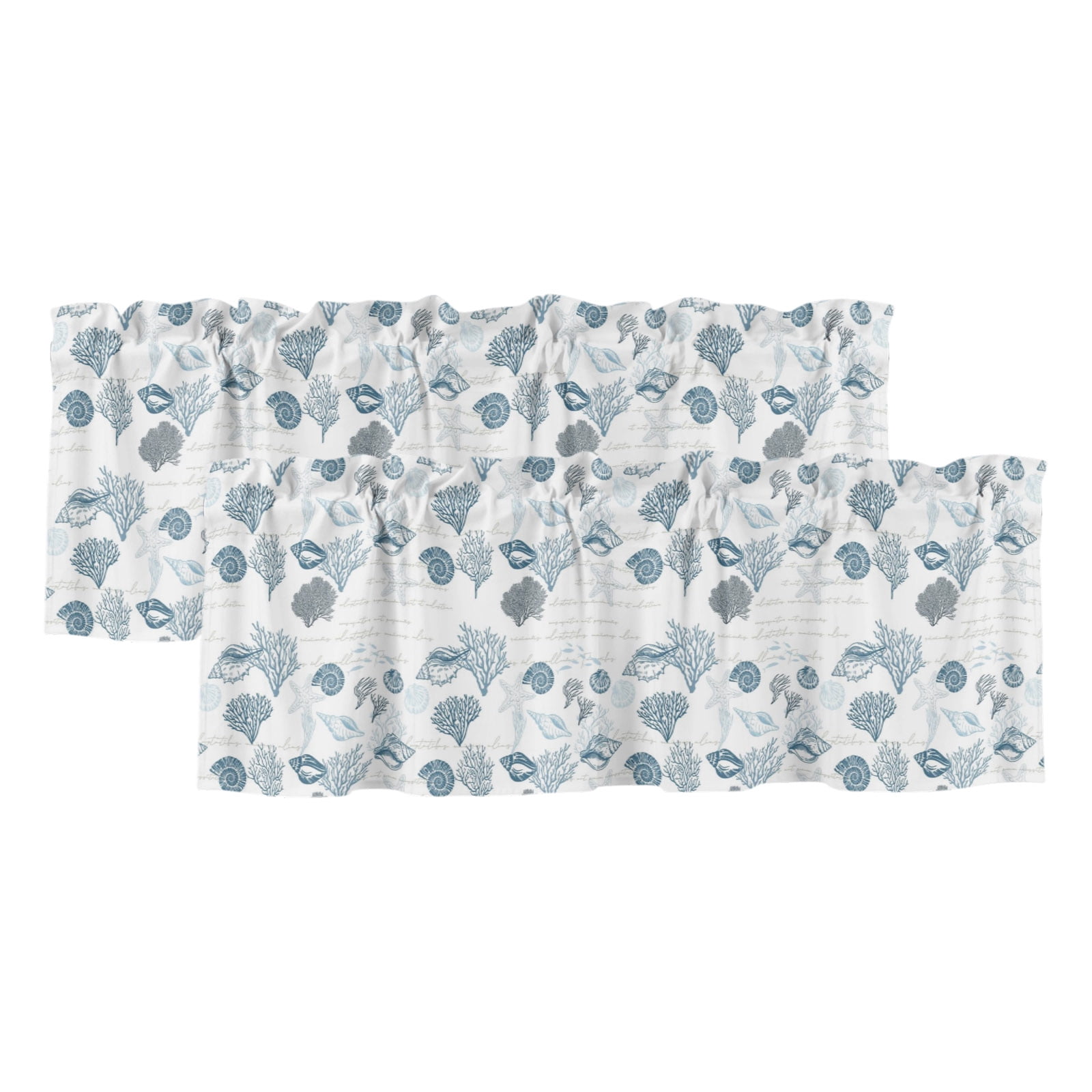 Blue Coral Shell 2 Panels Kitchen Valance, Starfish Nautical Marine ...