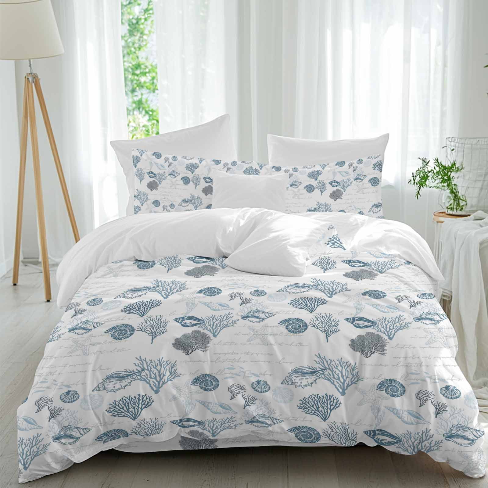 Blue Coral Shell Full Duvet Cover Set, Starfish Nautical Marine Life ...