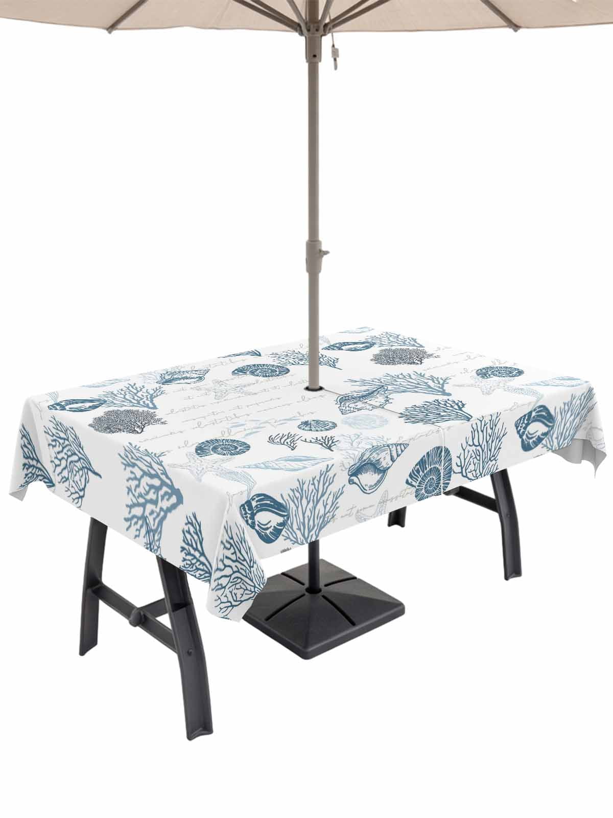 Blue Coral Shell Rectangle Outdoor Tablecloth with Umbrella Hole ...