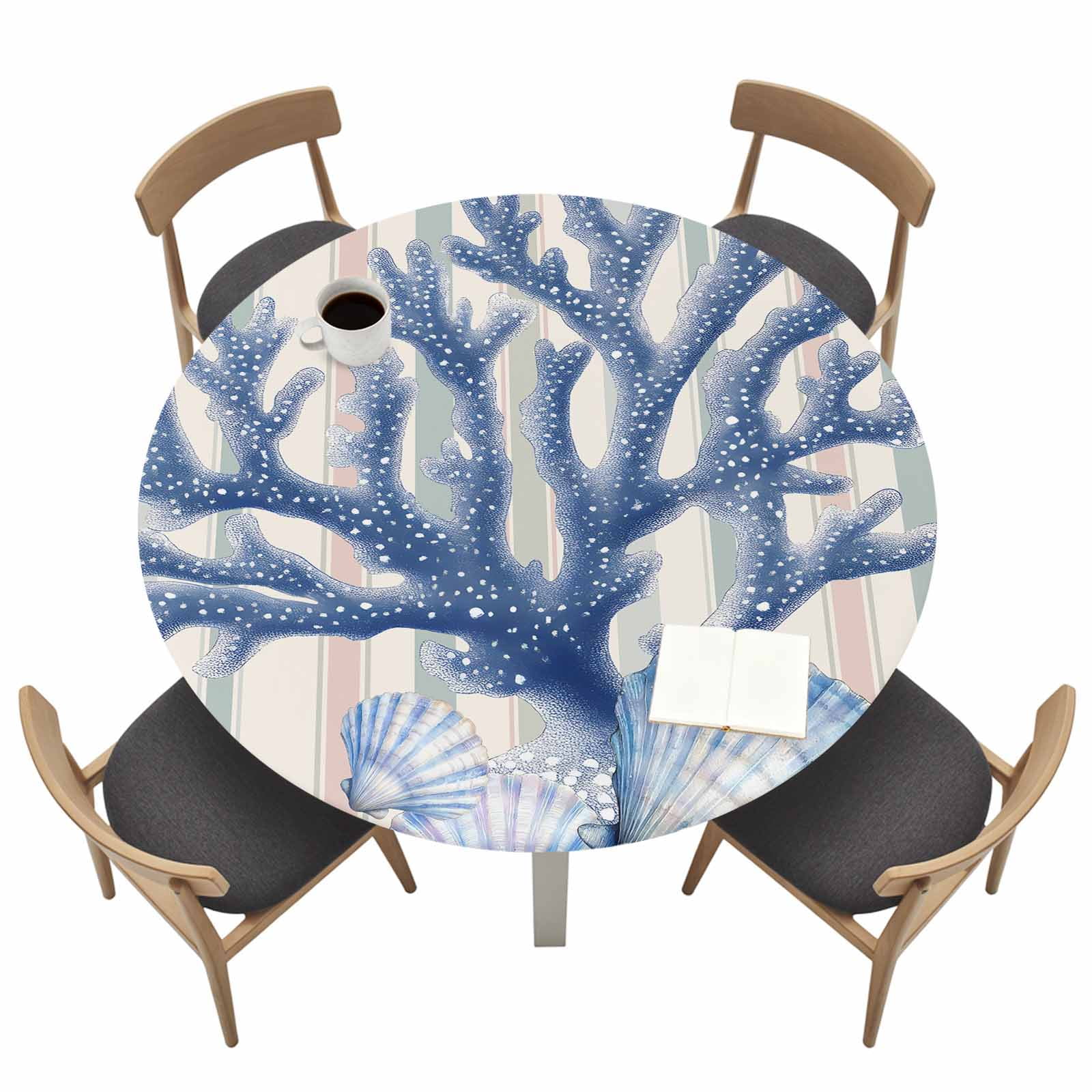 Blue Coral Shell Round Fitted Tablecloth with Elastic Edge Watercolor ...