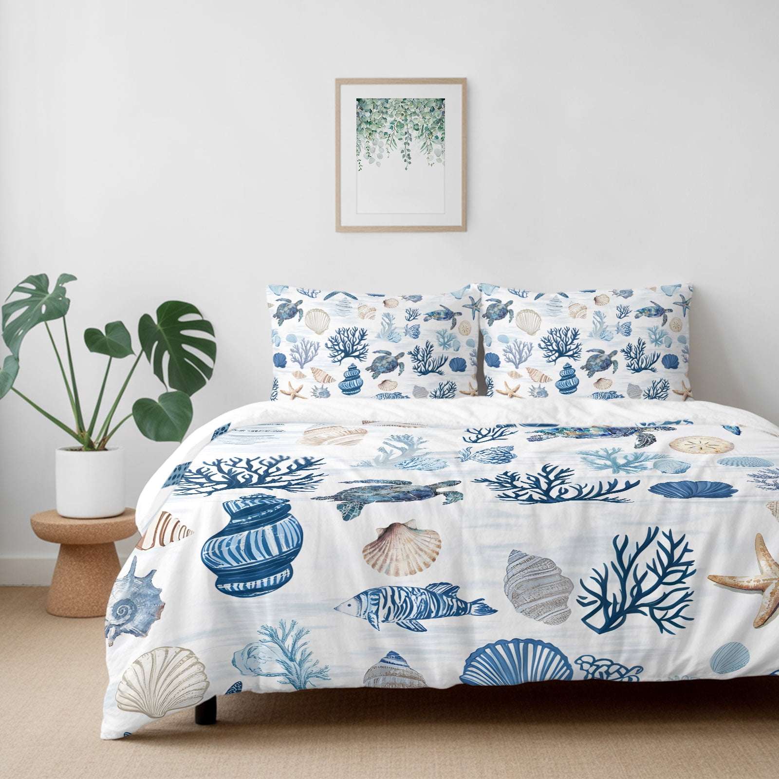 Blue Coral Shell Sea Turtle Seamless California King Size Bed Set,Conch ...