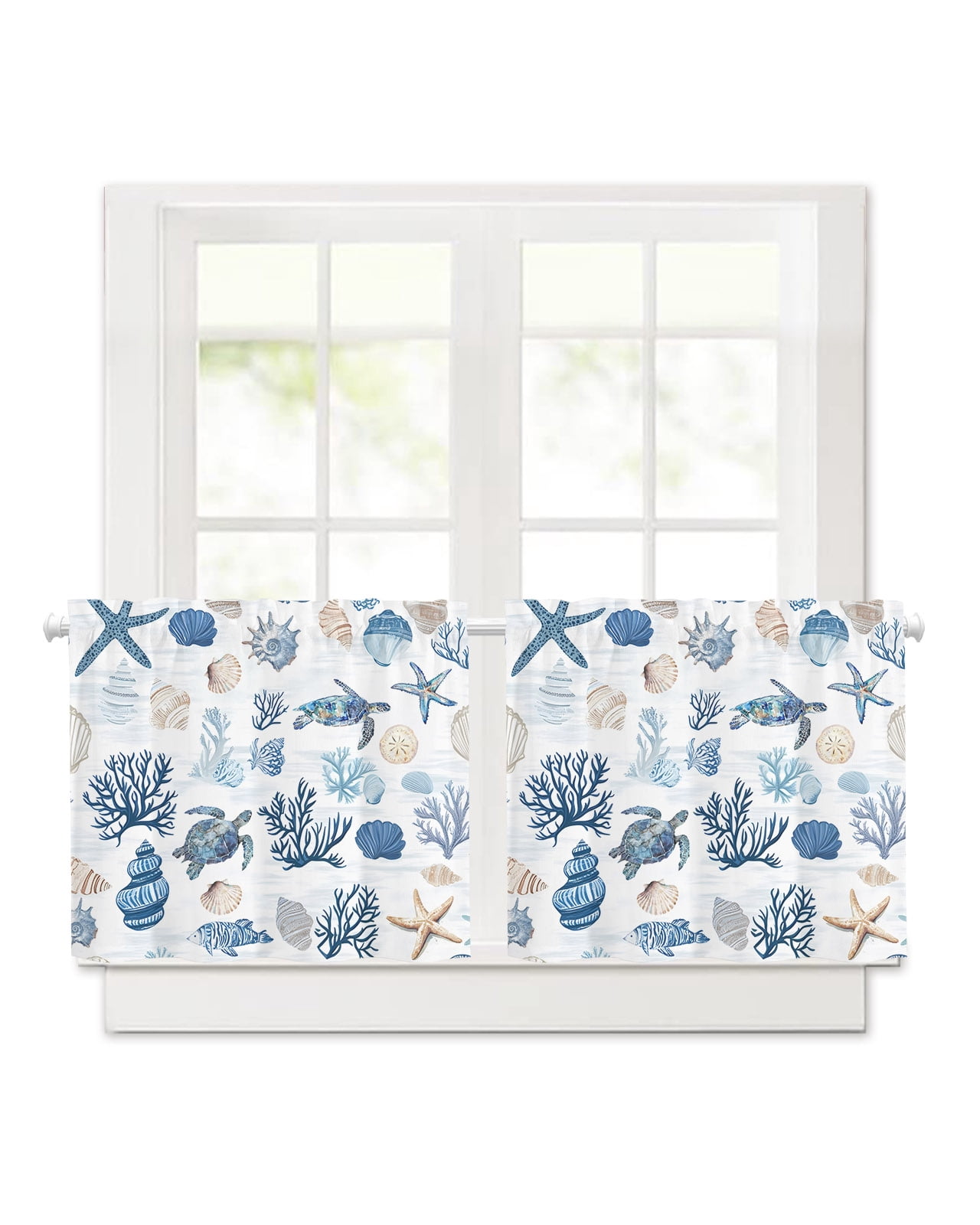 Blue Coral Shell Sea Turtle Seamless Short Blackout Curtains 30 Inch ...
