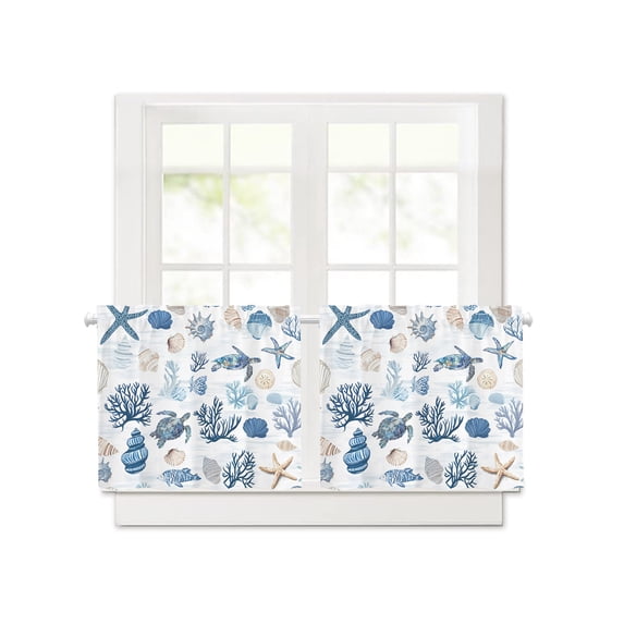 Blue Coral Shell Sea Turtle Seamless Short Blackout Curtains 30 Inch ...