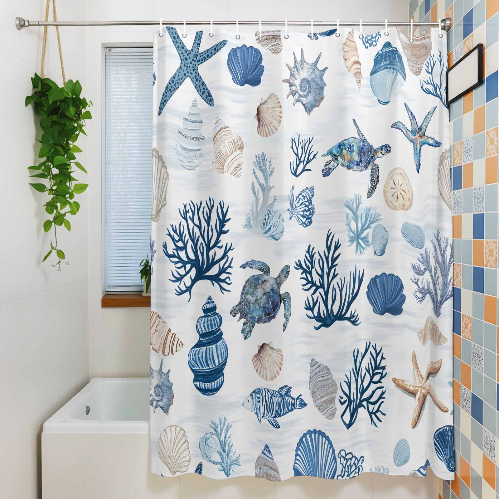 Blue Coral Shell Sea Turtle Seamless Shower Curtain for Bathroom, Conch ...