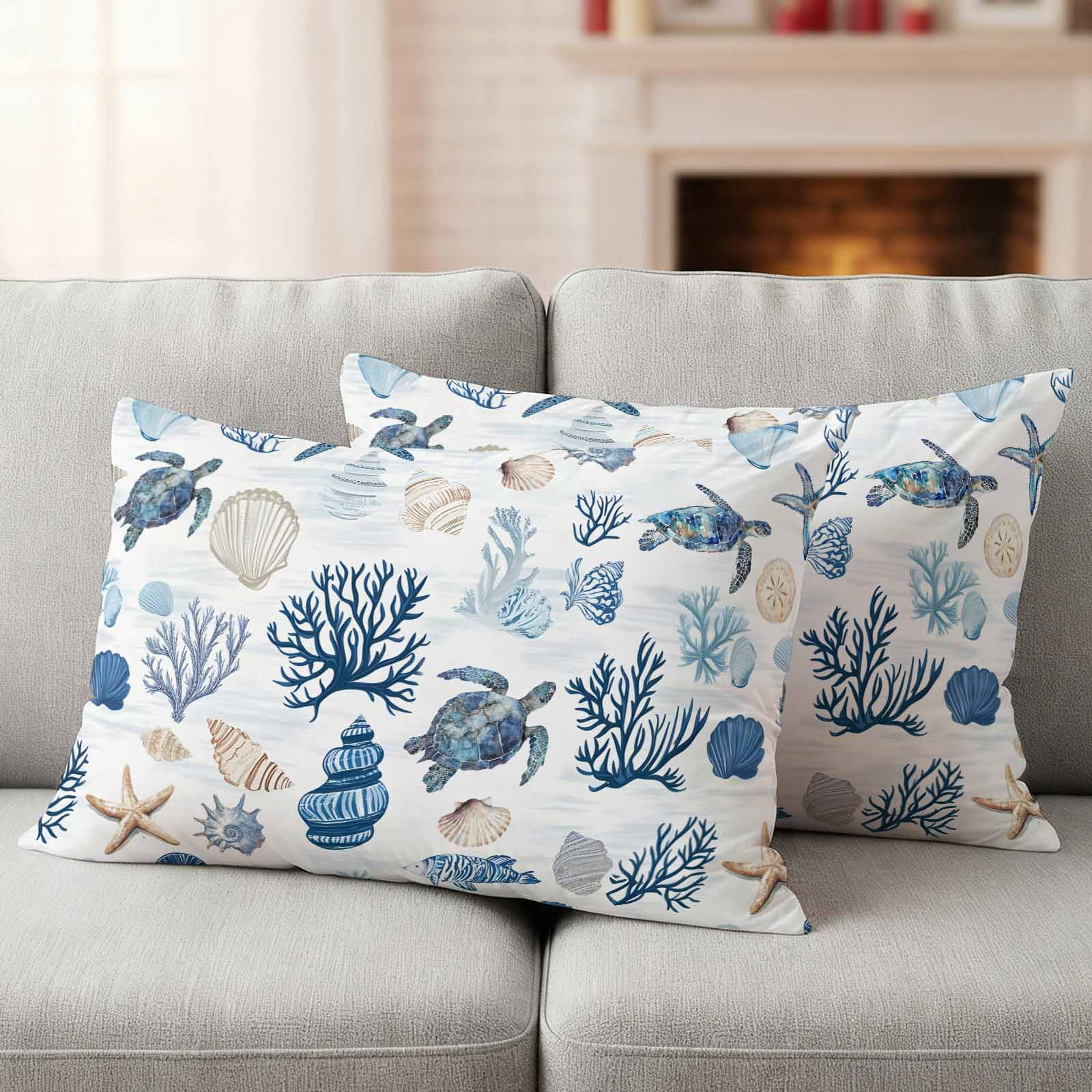 Blue Coral Shell Sea Turtle Seamless Waterproof Throw Pillow Covers Set ...