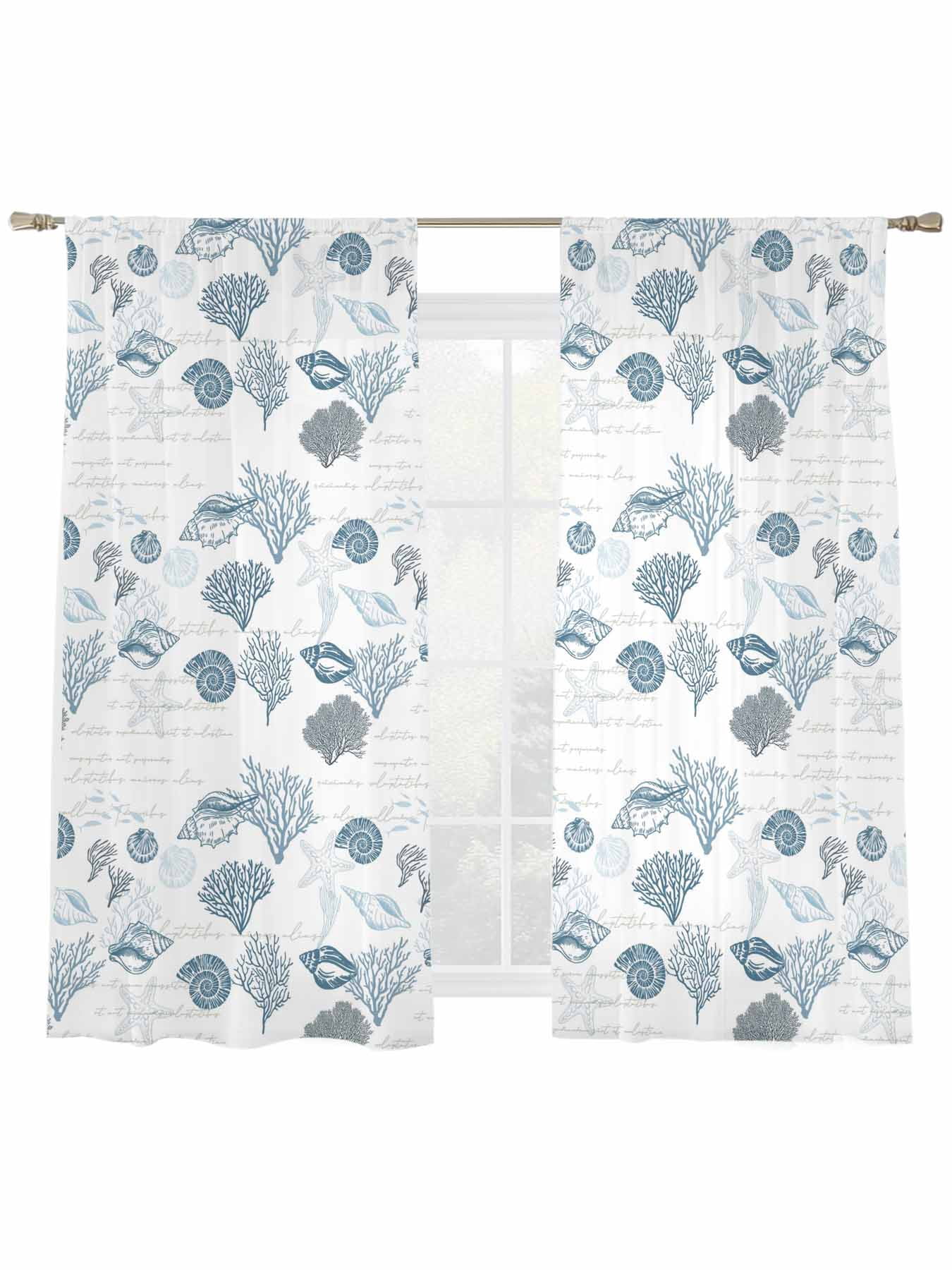 Blue Coral Shell Sheer Curtains 2 Panels Set Starfish Nautical Marine ...