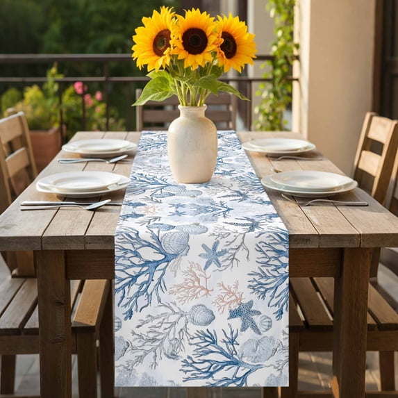 Blue Coral Shell Starfish Table Runner 90 Inch Long Summer Marine Life ...