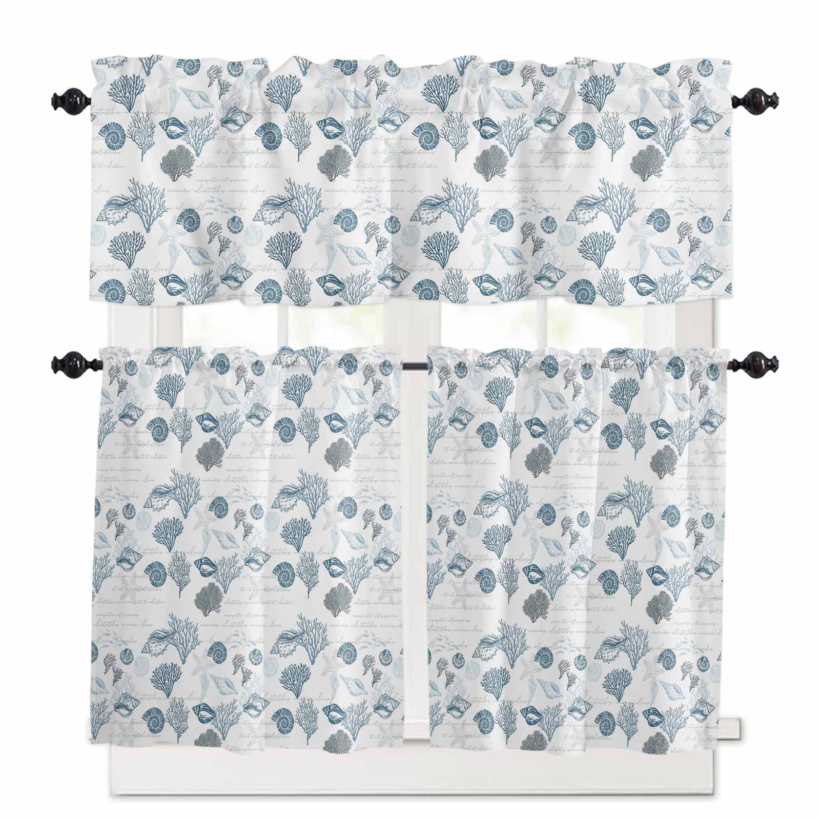 Blue Coral Shell Window Curtains Valance Set of 3 Starfish Nautical ...