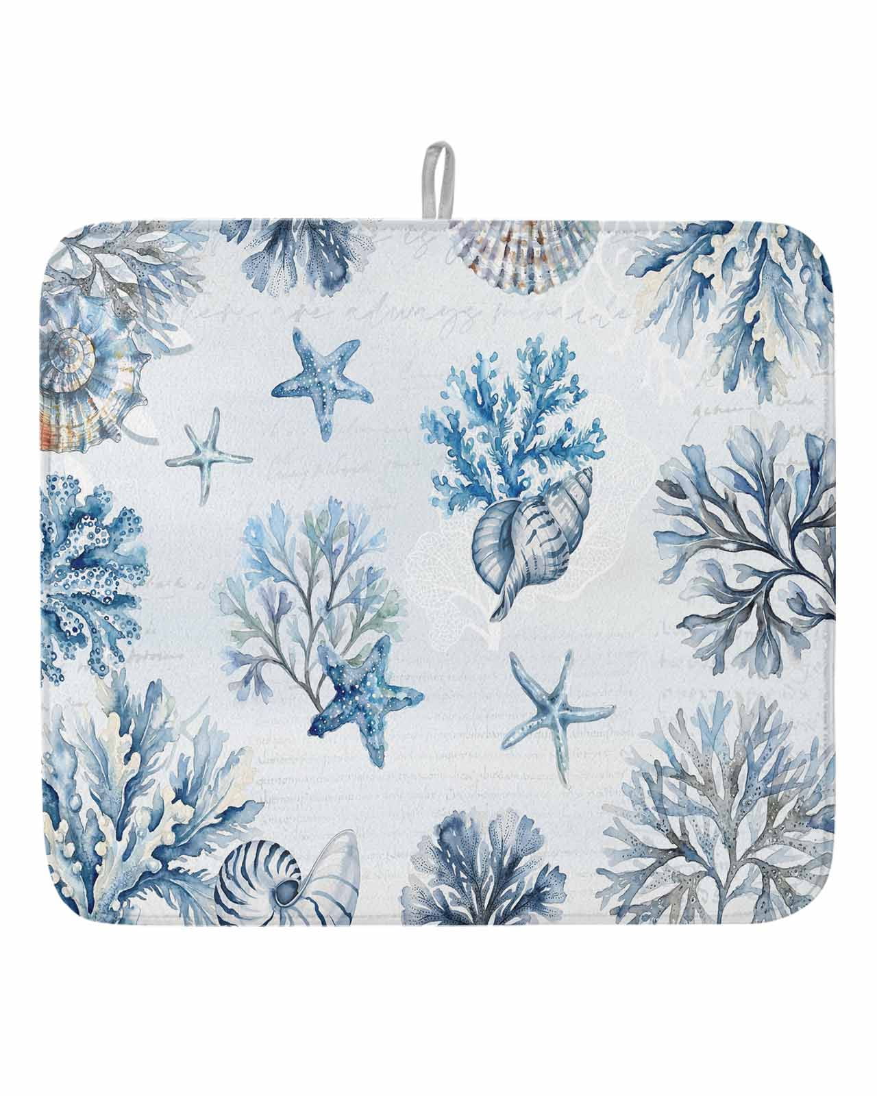 Blue Coral Shells Starfish Conch on Retro Dish Drying Mats for Kitchen ...
