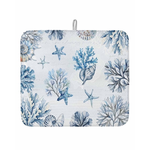 Blue Coral Shells Starfish Conch on Retro Dish Drying Mats for Kitchen ...