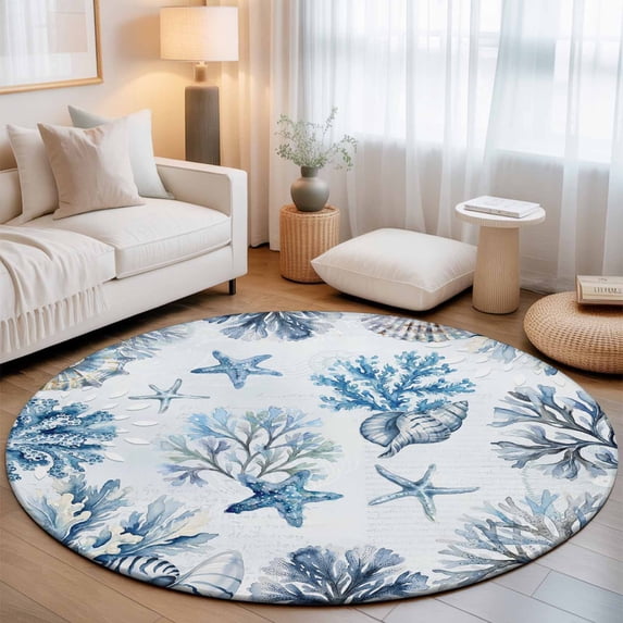 Blue Coral Shells Starfish Conch on Retro Round Rug 5ft Underwater ...