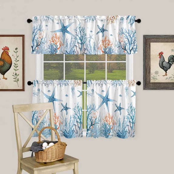 Blue Coral Starfish Jellyfish on White Curtain Tier and Valance Set 3 ...